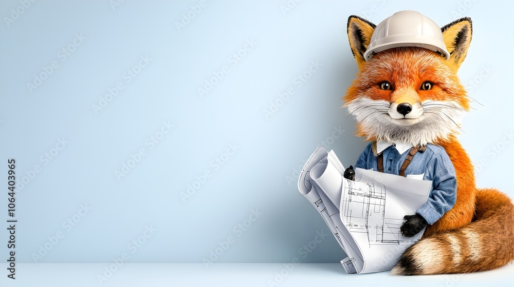 Whimsical of a fox dressed as an architect holding construction ...