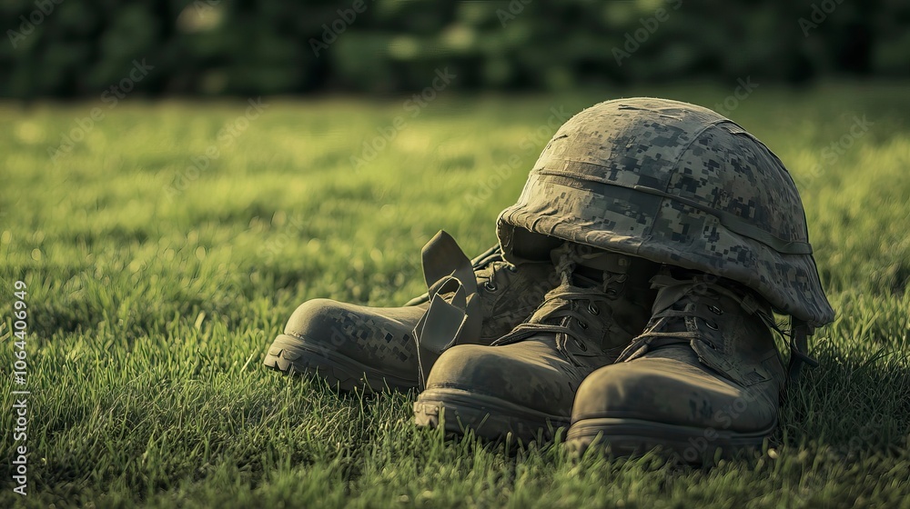 Military boots and helmet placed on grass field, symbolizing fallen ...