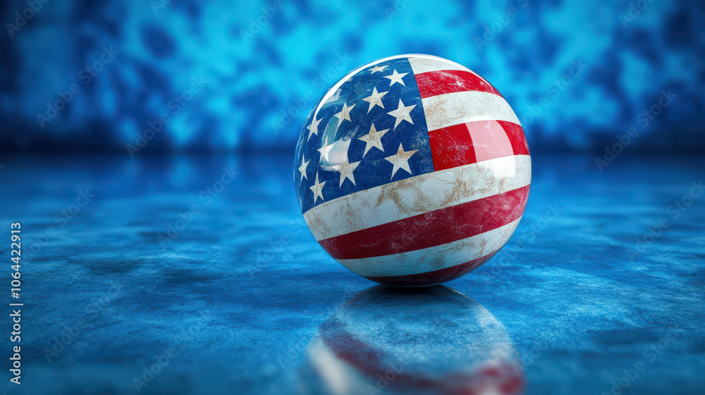 American flag pattern sphere on reflective blue background. Studio shot ...