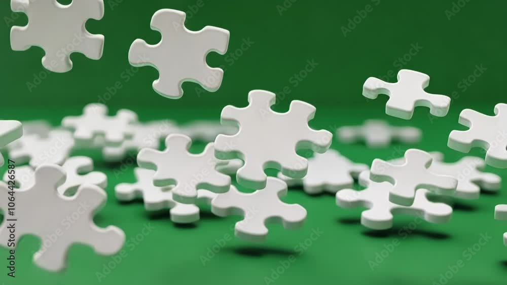 White puzzle pieces falling on a green screen background, creating a ...