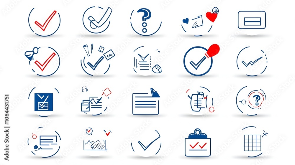 A collection of various survey icons including checkmarks question ...