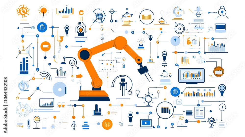 Collection of robotic process automation icons including robot arms ...