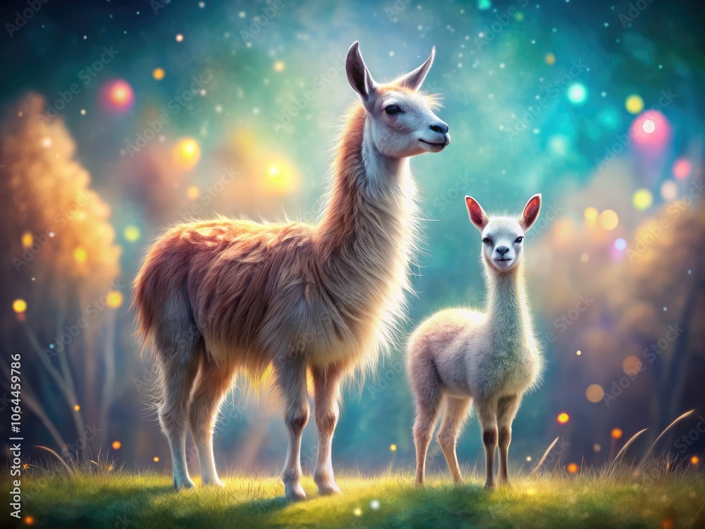 Charming artwork features a llama with its baby amidst a tranquil ...