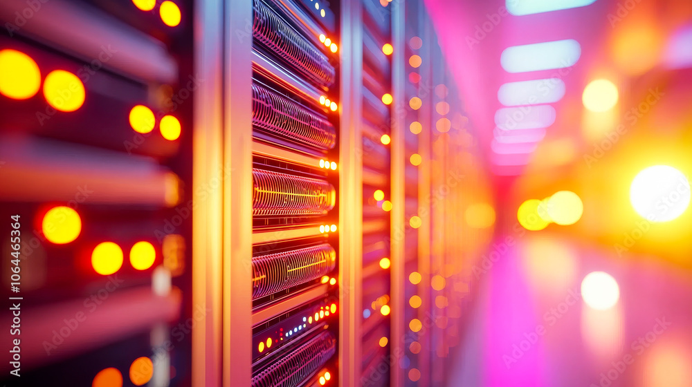 Fotografia Data Center Glow: Network servers hum with activity, their ...