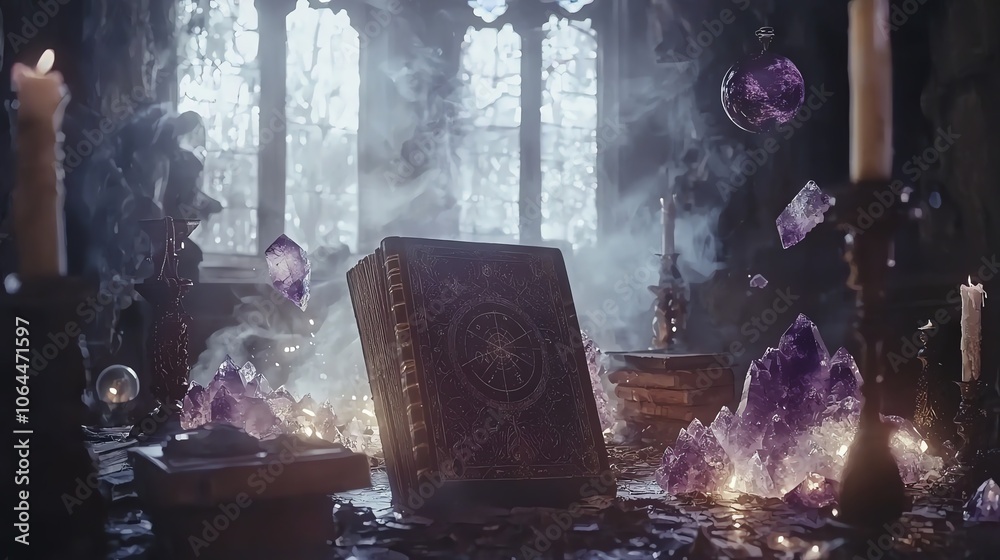 Ancient wizard's study with floating levitating grimoire, glowing ...
