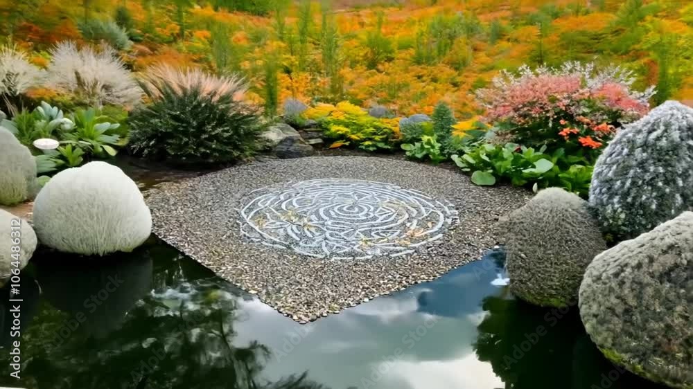 A zen garden with a pond, rocks, and a mountain view. Animation looping ...