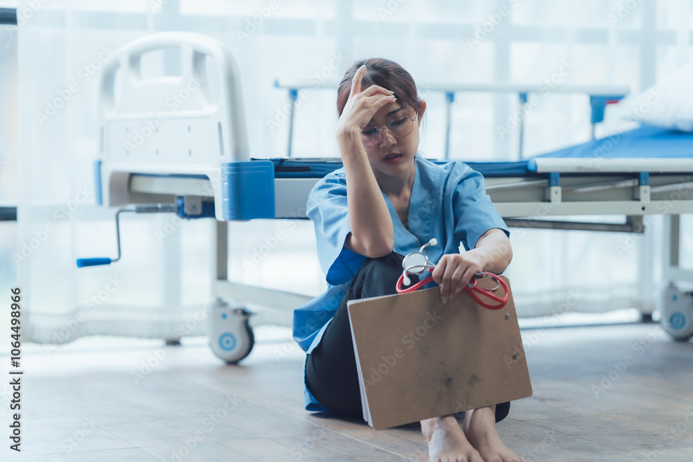 Exhaustion and Uncertainty: A young female nurse sits on the floor of a ...