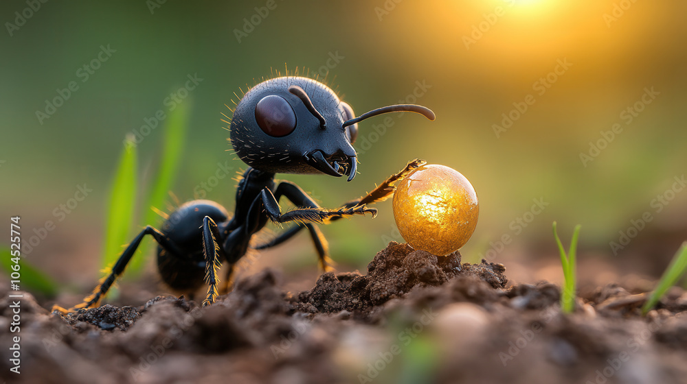 anthropomorphic black ant interacts with golden orb on ground ...