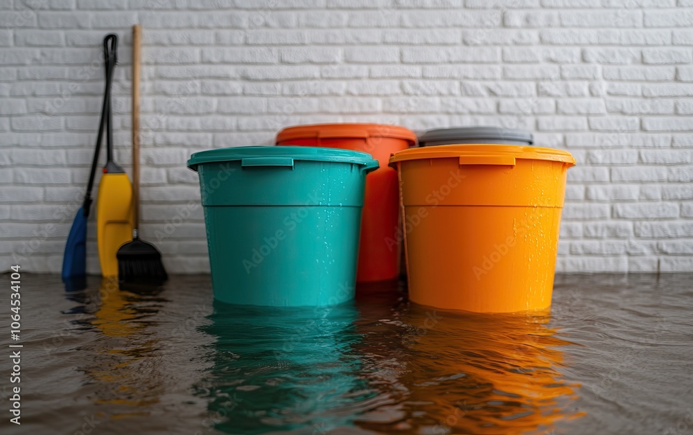Three colorful buckets submerged in water, indicating flooding or water ...