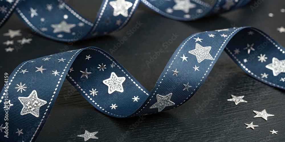 Dark blue swirling ribbons with silver stars on a black background ...