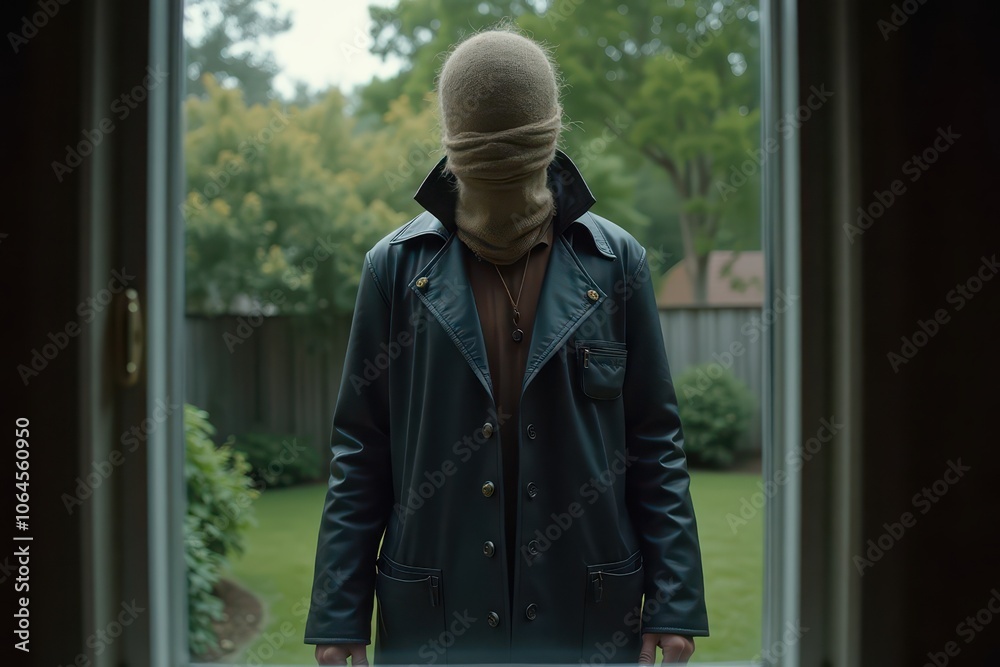 A creepy man outside of the window in the backyard. He is dressed in a ...