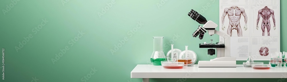 Laboratory setup featuring a microscope, beakers, and anatomical ...