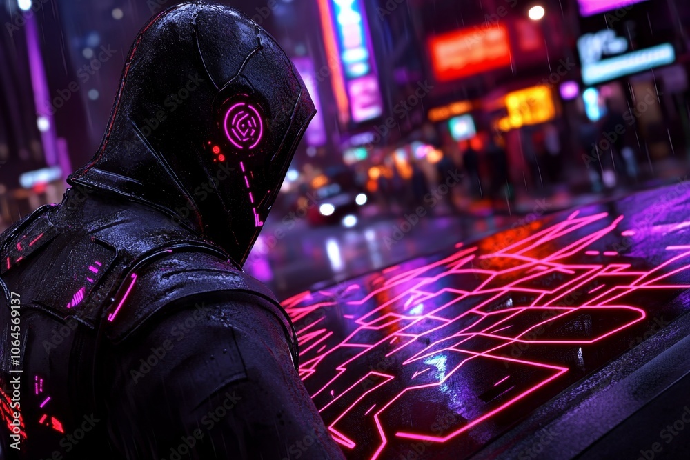 Cyberpunk cityscape with neon-lit decentralized networks connecting ...