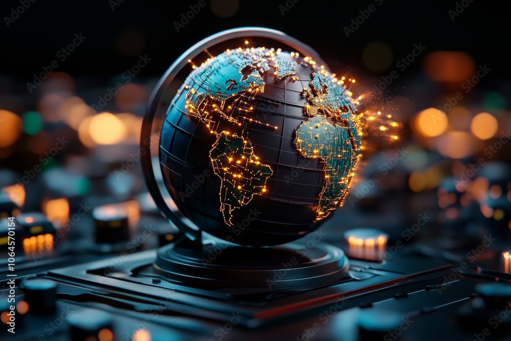 Digital 3D model of a globe with data nodes spreading globally ...