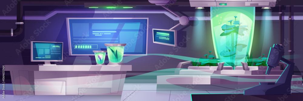 Sci-fi laboratory inside spacecraft with monitors displaying data ...