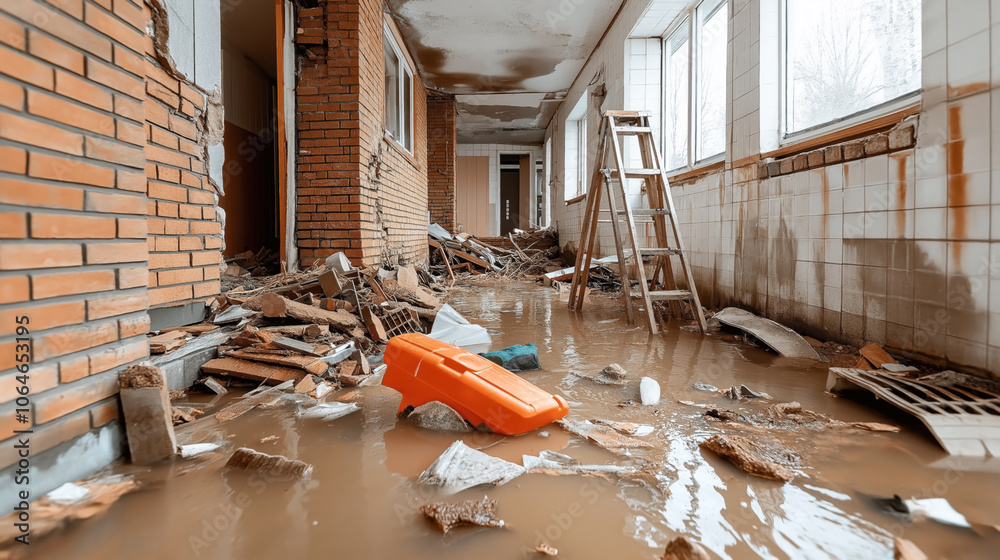 Flooded interior of a damaged building with debris and construction ...