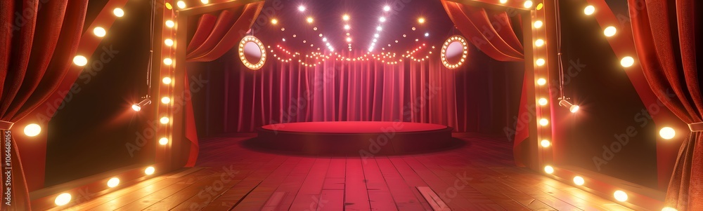 Circus stage podium background 3D carnival light red show curtain ...