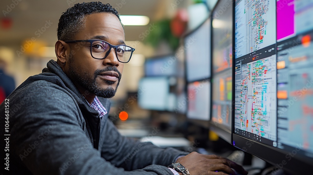 Cybersecurity expert sitting a control panel surrounded by multiple ...