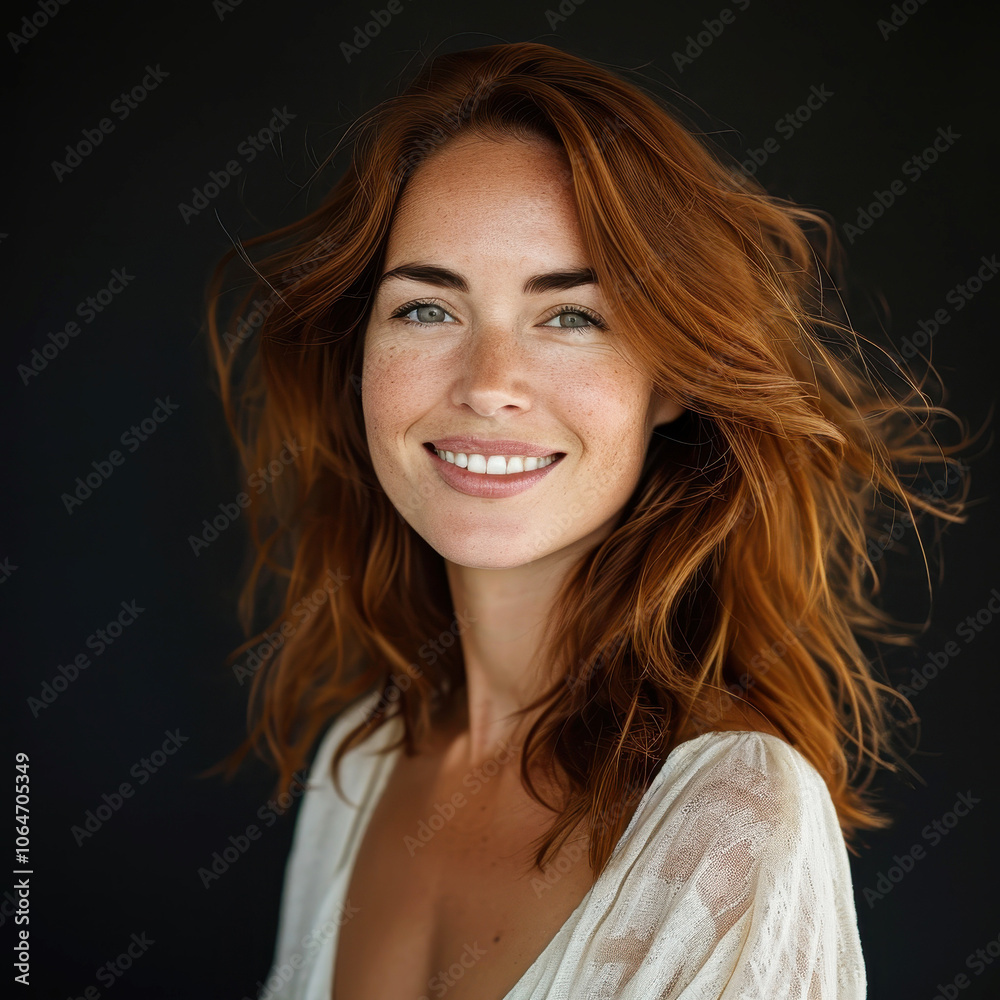 Portrait of a smiling chestnut-haired European woman in her 30s against ...
