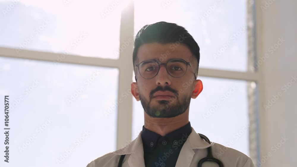 Portrait of confident young indian Arab doctor surgeon in white robe ...
