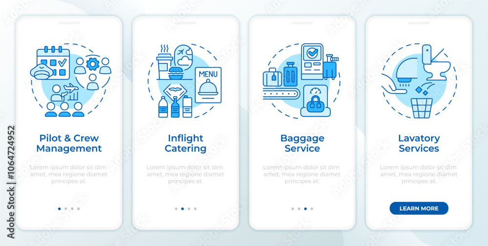 Aircraft maintenance blue onboarding mobile app screen. Walkthrough 4 ...