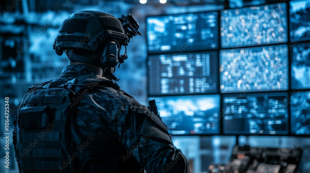 Special ops officer in a command center focused on multiple screens ...
