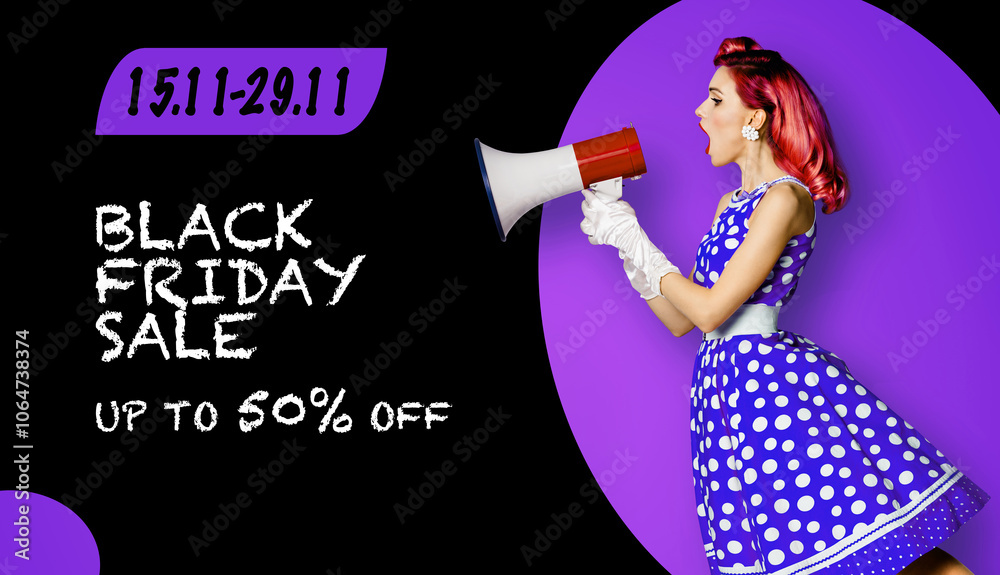 Black Friday Sale discount ad image - happy pin up woman shout mega ...