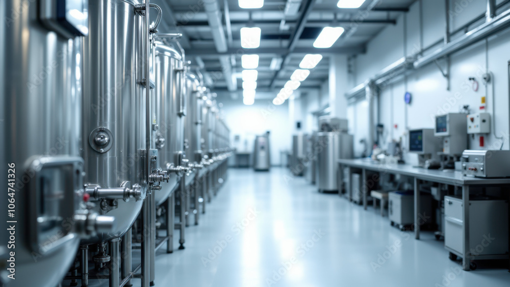 Large stainless steel tanks in a brewery or industrial facility, with ...