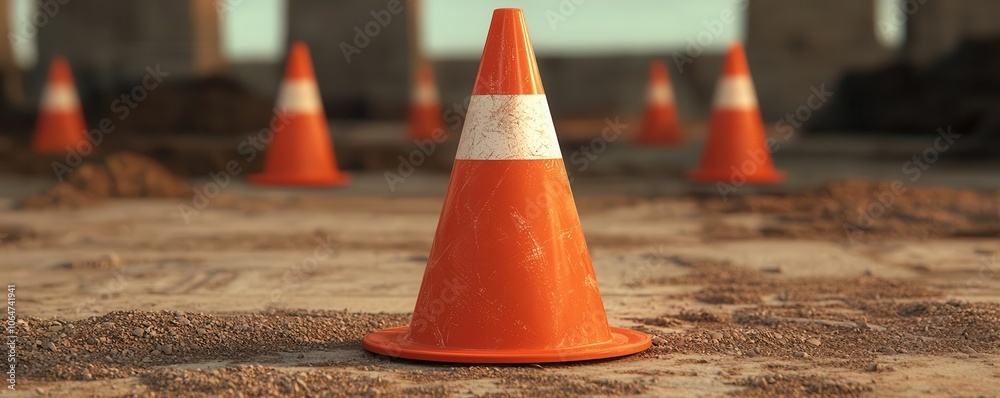 Safety cones and signs around a road construction zone for pipe laying ...