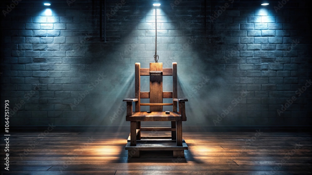 Photo & Art Print Ominous wooden electric chair in a dim, foreboding ...