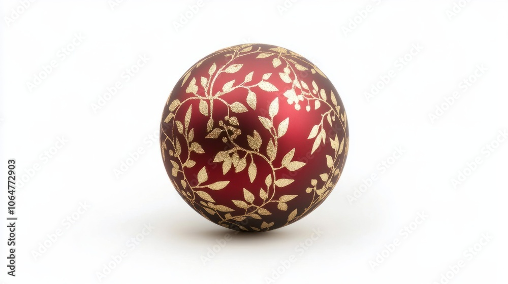 Elegant red Christmas ball with gold holly patterns, isolated on white ...