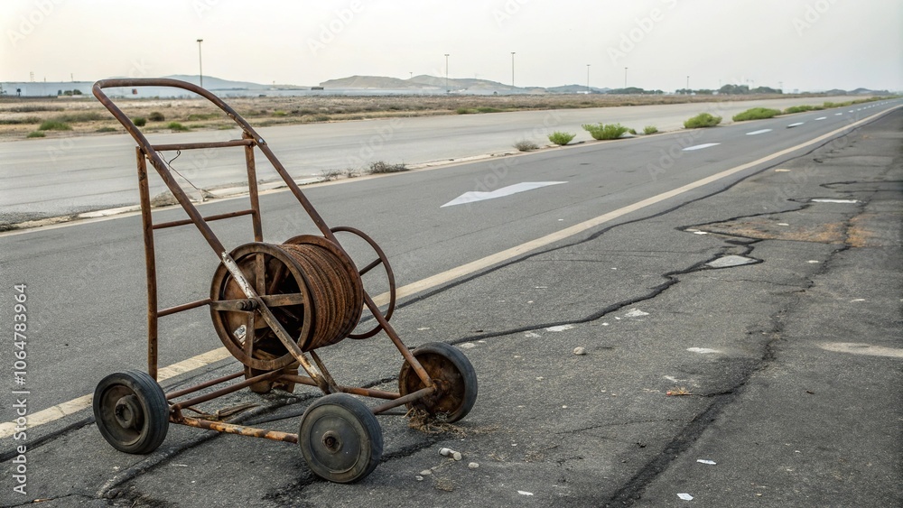 Rusted metal hose reel trolley with wheels rolling on a deserted road ...
