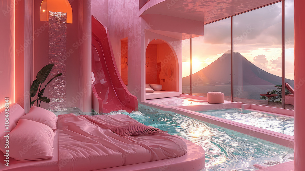 A modern bedroom with an indoor swimming pool and water slide, pink ...