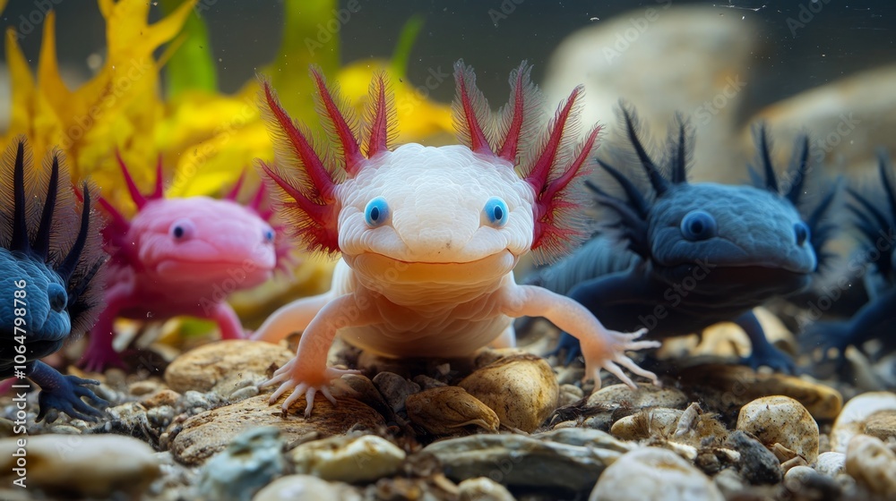 A group of axolotls in an aquarium with rocks and plants. The axolotls ...