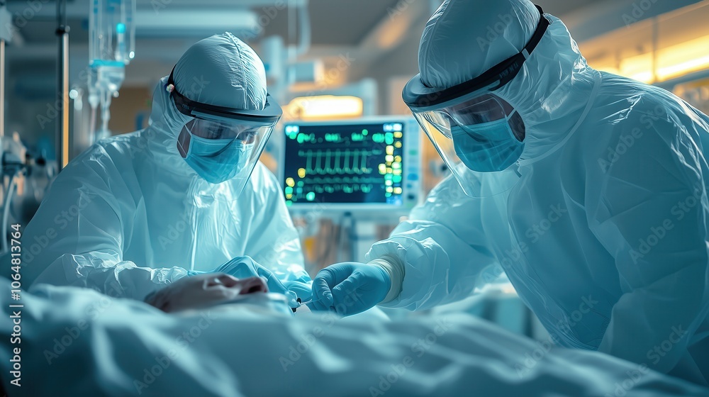 Healthcare Workers Treating Patient in ICU. Medical personnel in full ...