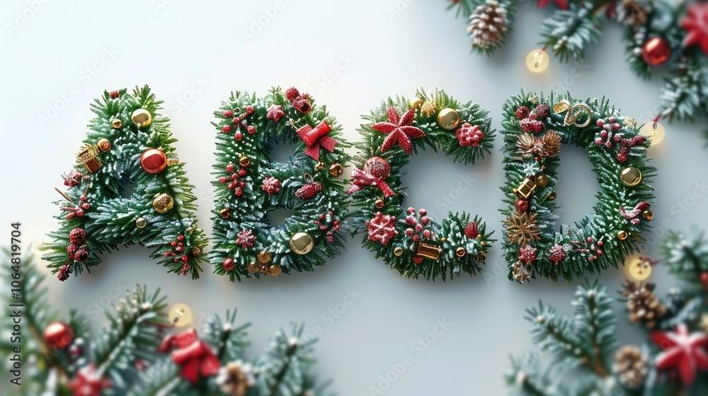 Illustrate the text "ABCD" in a festive New Year's theme. Each letter ...