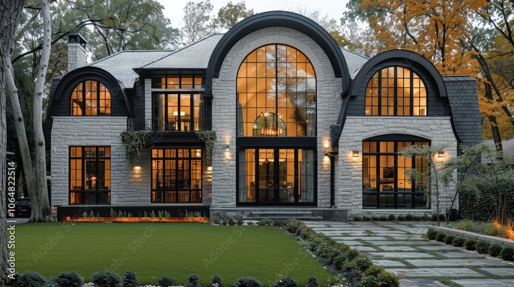 Modern cottage house with limestone facade with arches, modern windows ...