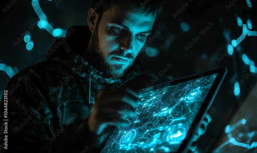 A cybersecurity expert in a dark room, with a tablet that displays ...