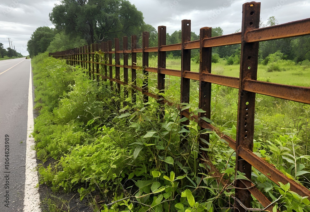 Rusted metal fence along an overgrown road There were holes where rust ...