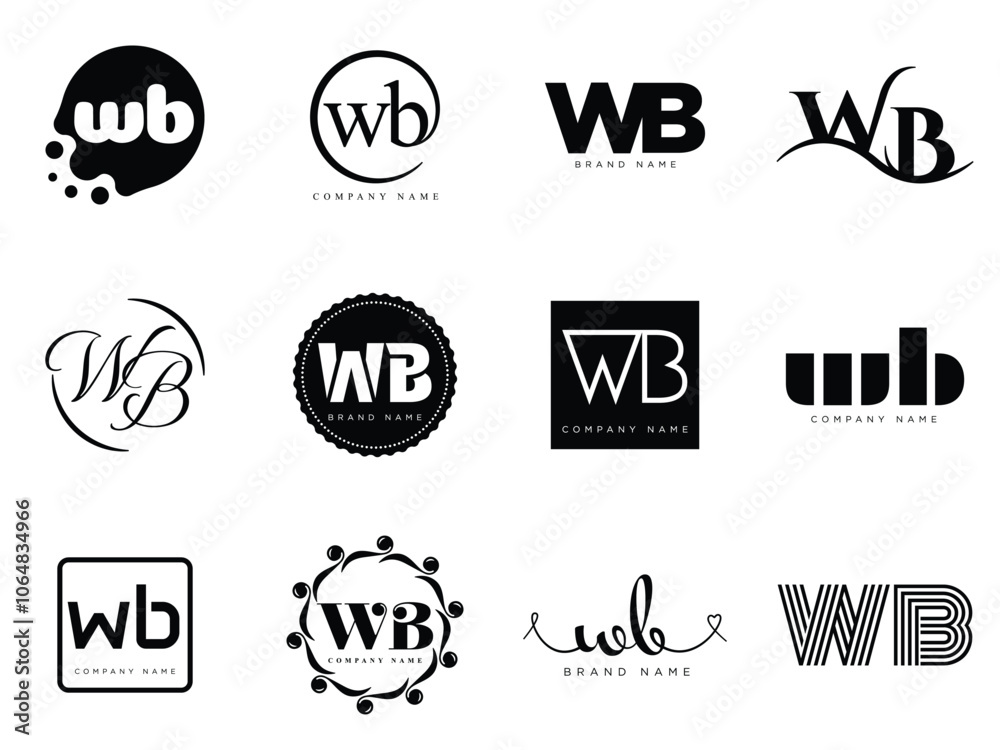 WB logo company template. Letter w and b logotype. Set different ...