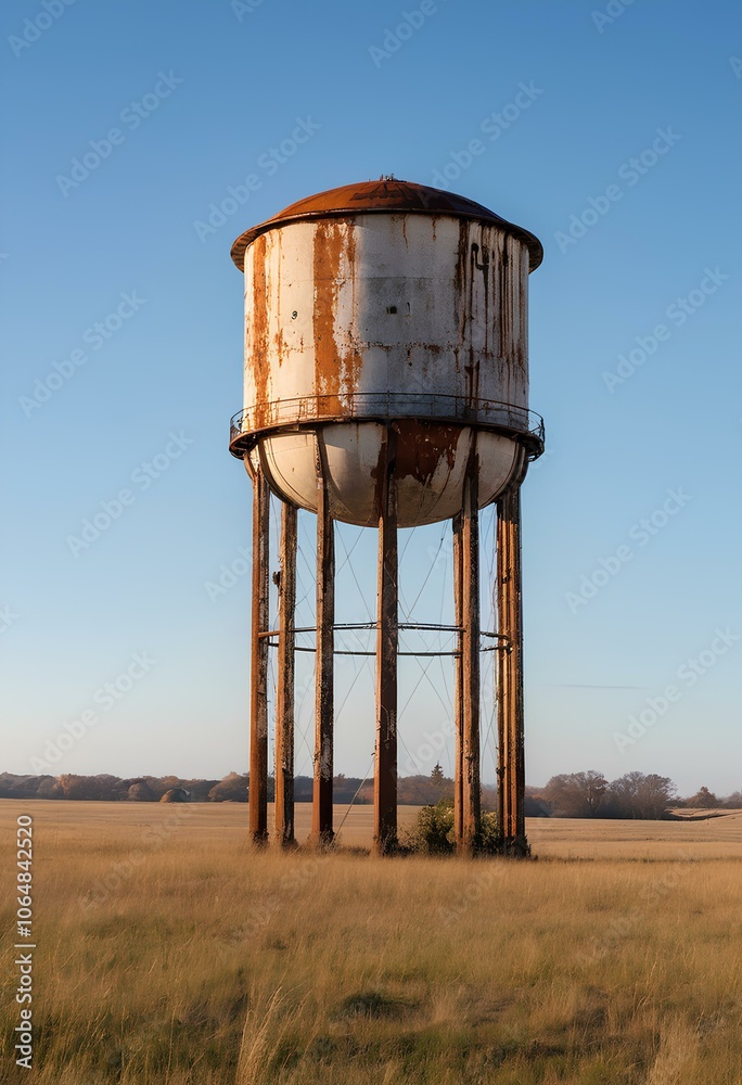 A crumbling water tower with rust stains lining its sides. Standing ...