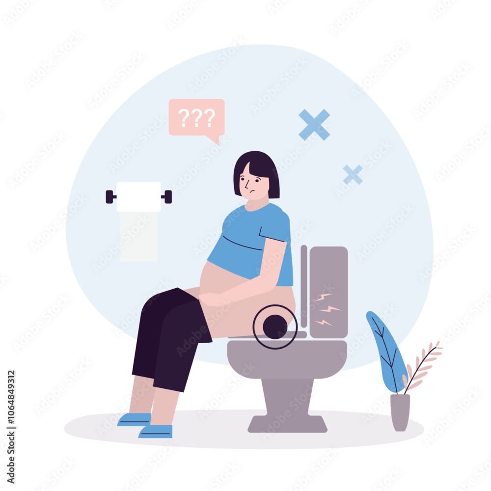 A sad pregnant girl is sitting on the toilet and suffering from ...
