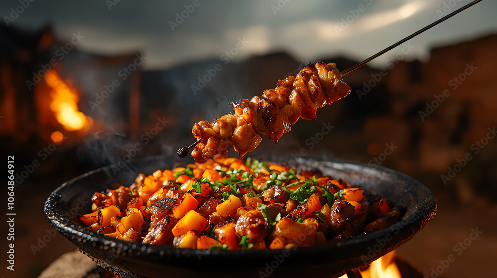 Uzbek tandir kabob sizzling on skewers in a traditional clay oven, with ...