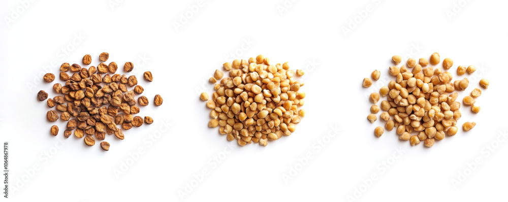 Rustic grains and cereals arranged on clean white background ...