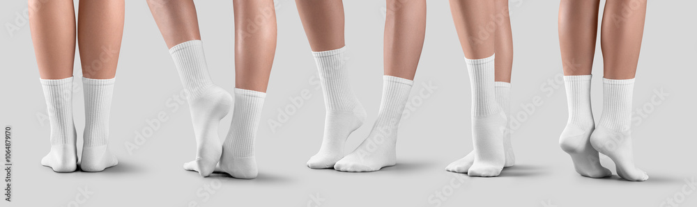 Mockup of long white socks on beautiful female legs on tiptoes ...