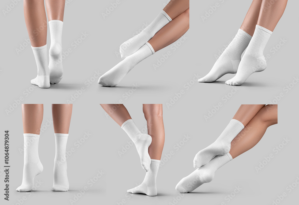 Mockup of long white socks on beautiful female legs, stretched feet ...