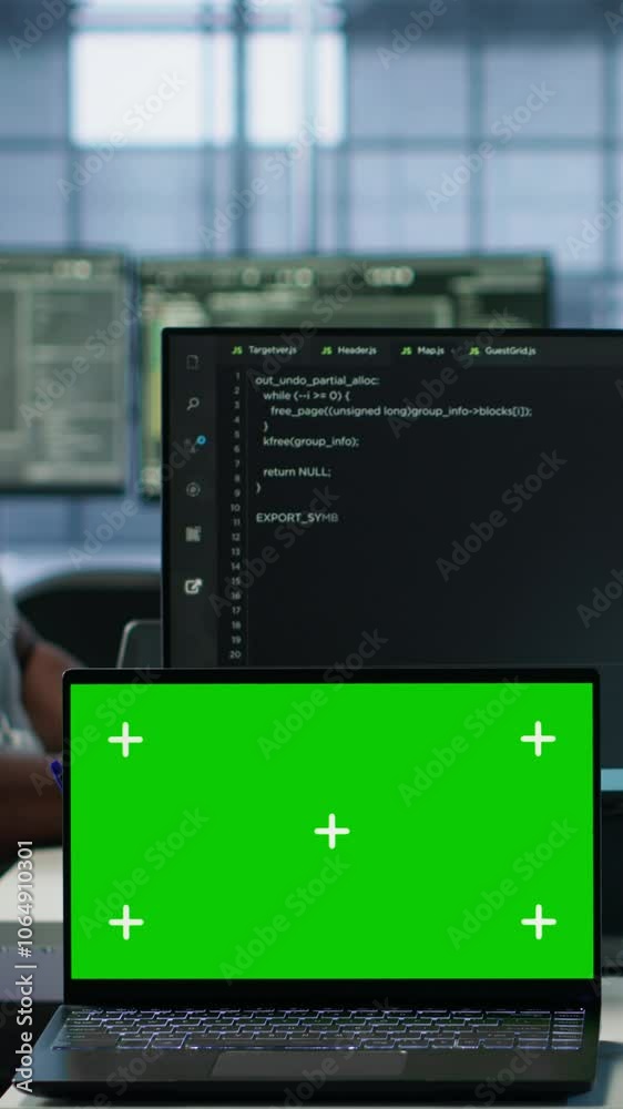 Diverse team of developers in server hub using green screen laptop ...