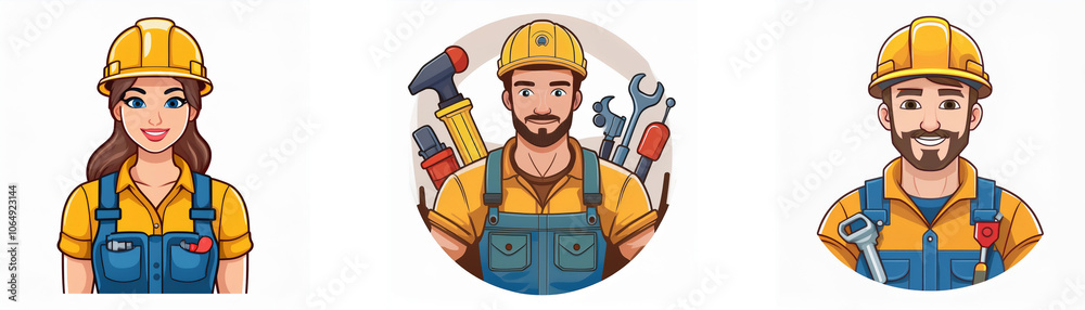 Three cartoon construction workers wearing yellow hard hats, yellow ...