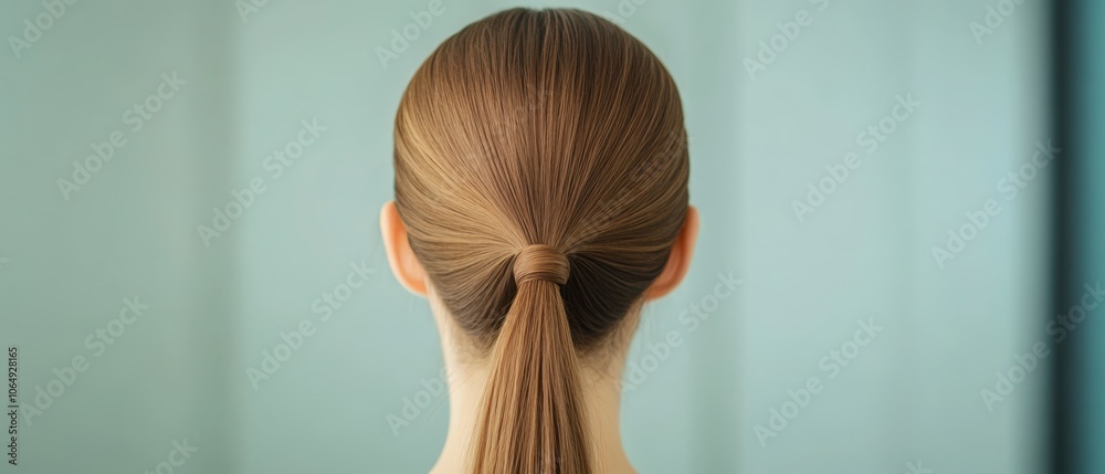 A neat ponytail hairstyle from behind, featuring sleek blonde hair ...