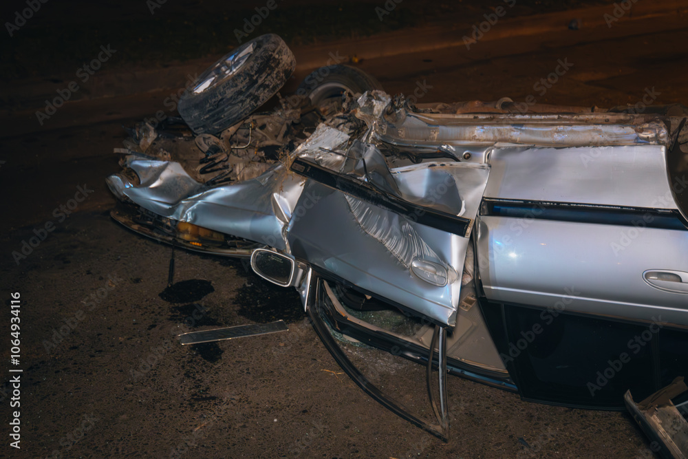 Severe damage to the car. Night accident. Close-up. The car turned over ...